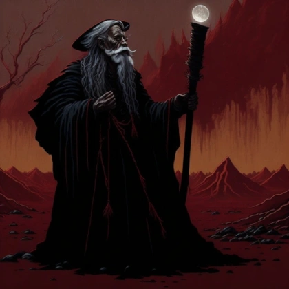 Paulo Uras - old wizard in red robes carrying a magic wood wand ...